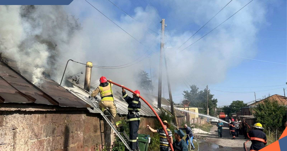 Fire in Maralik city. Roof wooden components burned